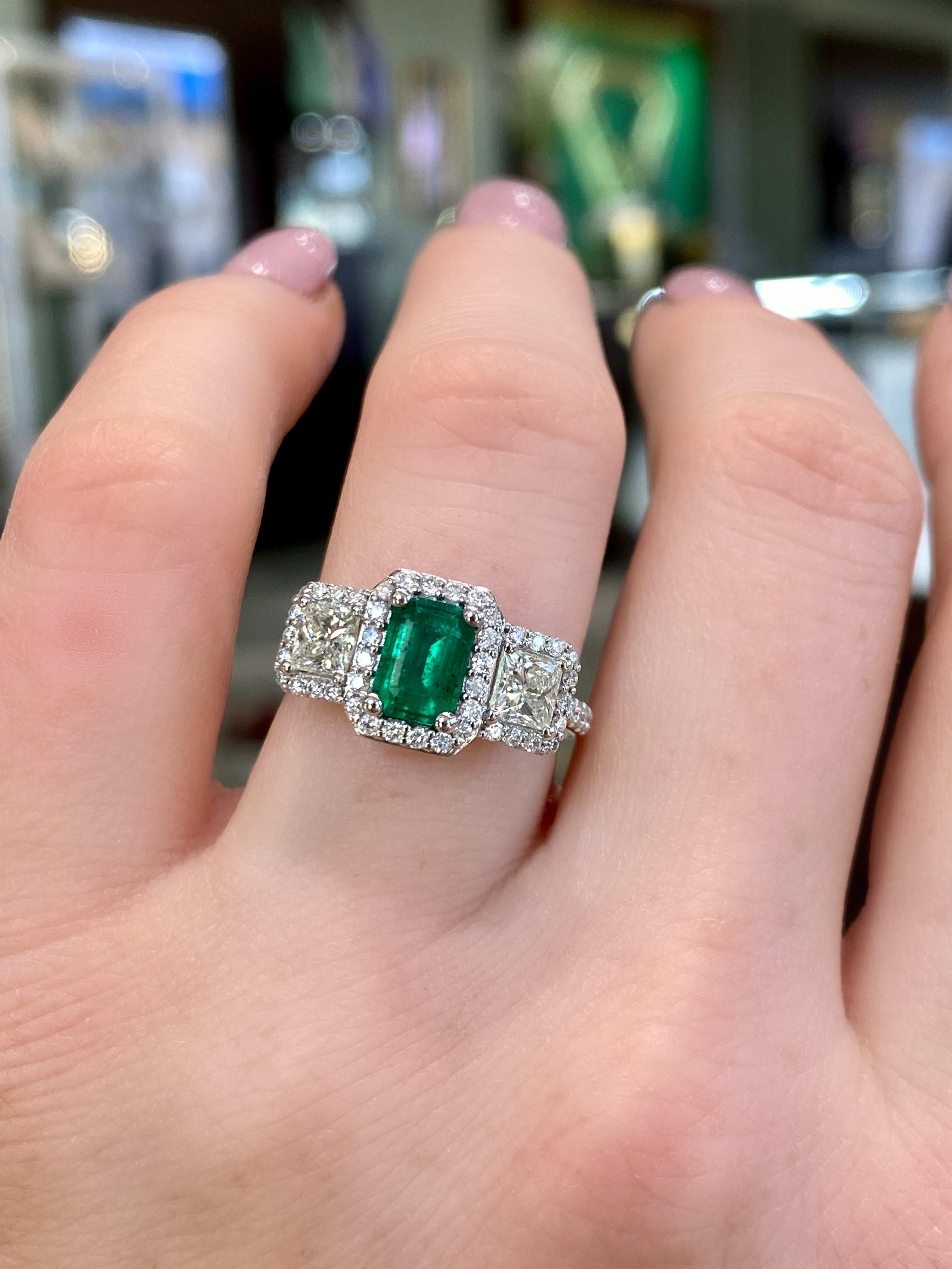 Three Stone Green Emerald and Diamond Ring